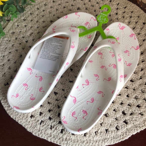 CROCS | Shoes | Crocs Womens Flamingo Print Flip Flops White And Pink ...